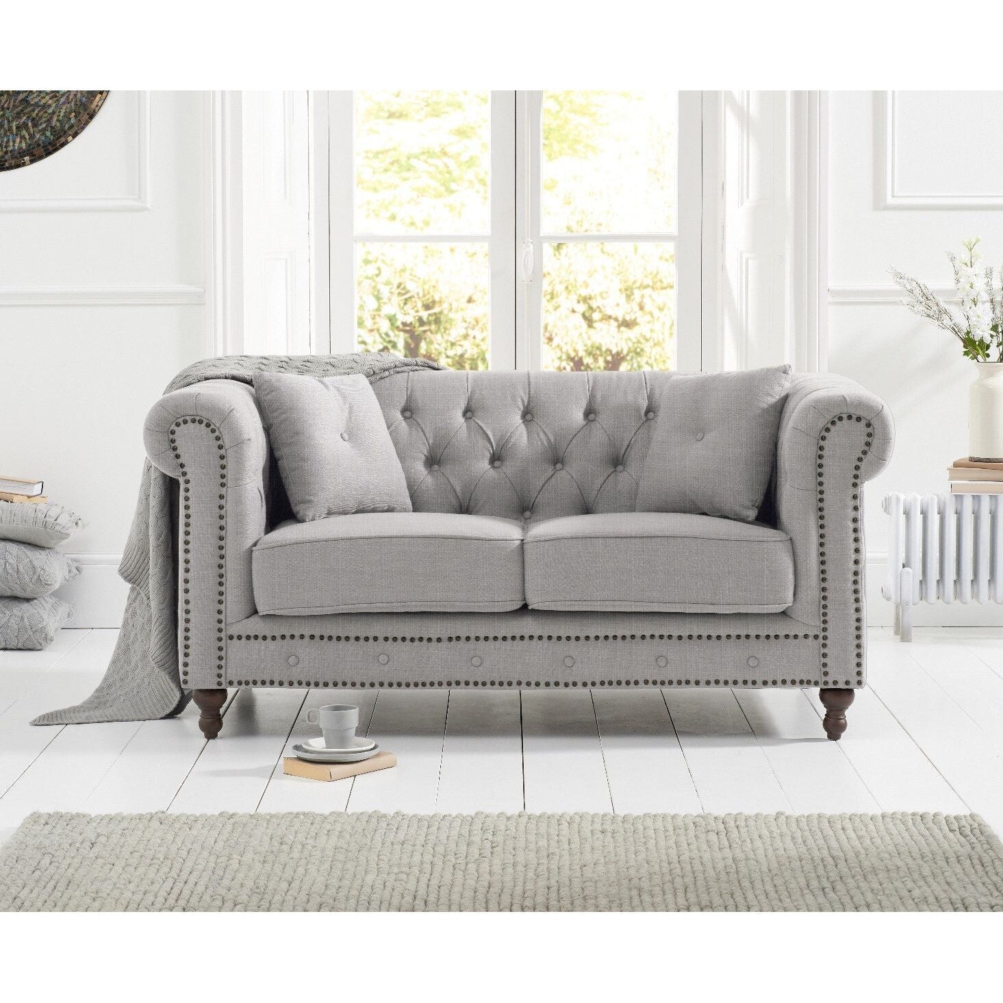 Wellington Chesterfield Grey Linen 2 Seater Sofa | Oak Furniture Superstore